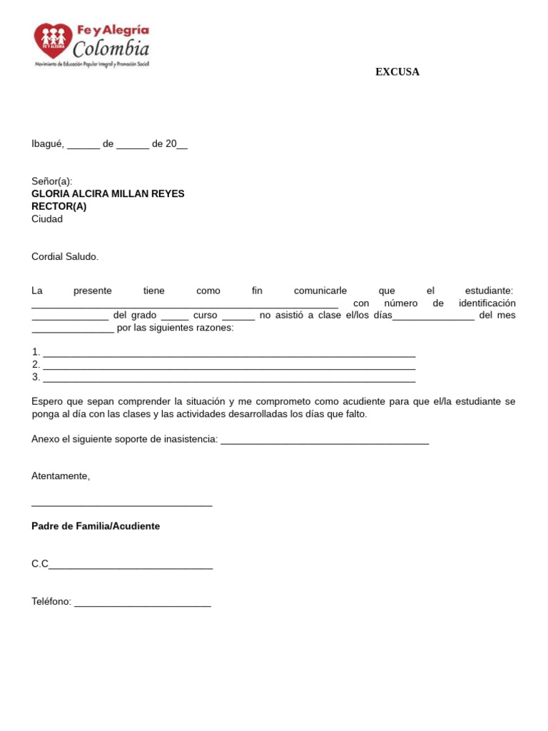 Excusa de Inasistencia Escolar | PDF