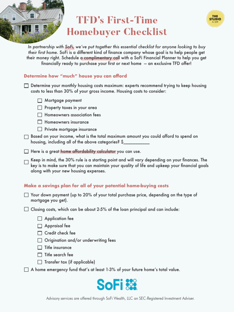 TFD Workshop TFD S First Time Homebuyer Checklist SoFi | PDF ...