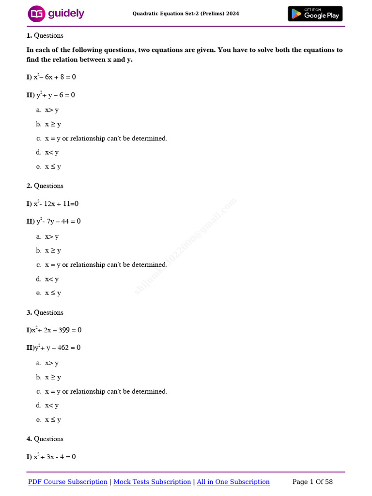 Quadratic Equation Set - 2 (Prelims) | PDF | Equations | Mathematical ...