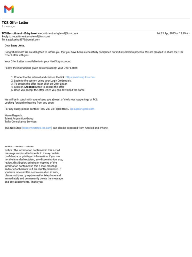 Gmail - TCS Offer Letter | PDF