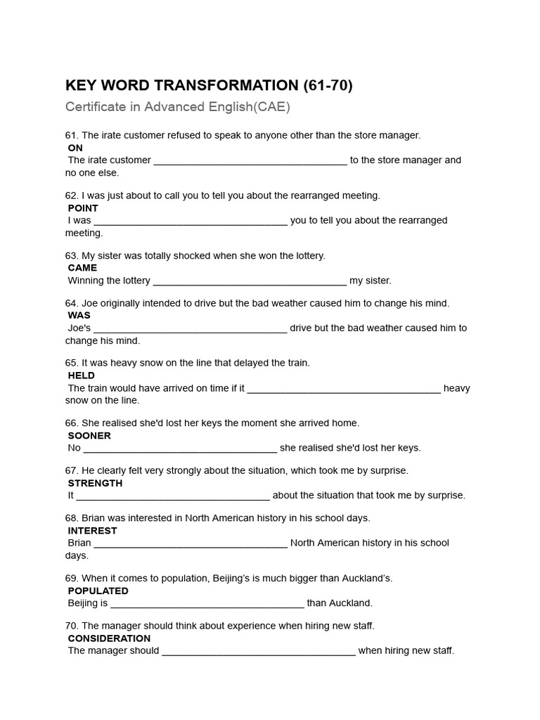 KEY WORD TRANSFORMATION (61-70) and Answers | PDF