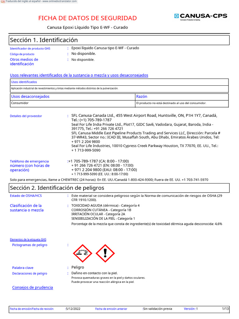 SDS Canusa Liquid Epoxy Types E WF Cure (US EN) V1.en - Es | PDF ...