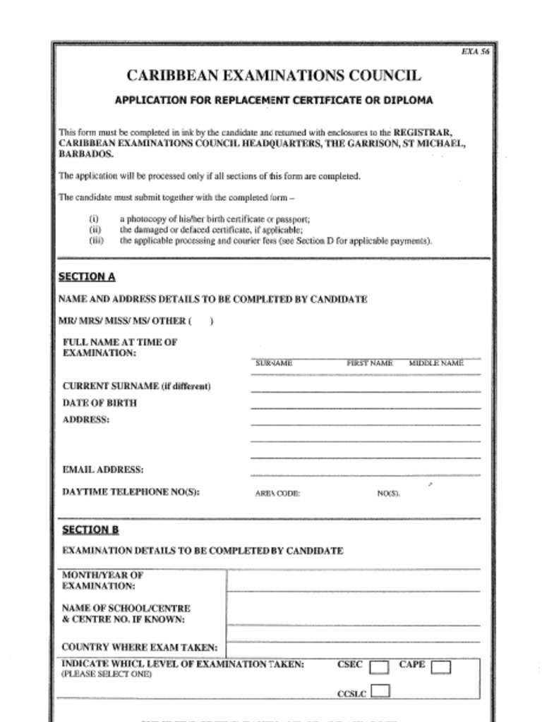 CXC Replacement Certificate Form | PDF