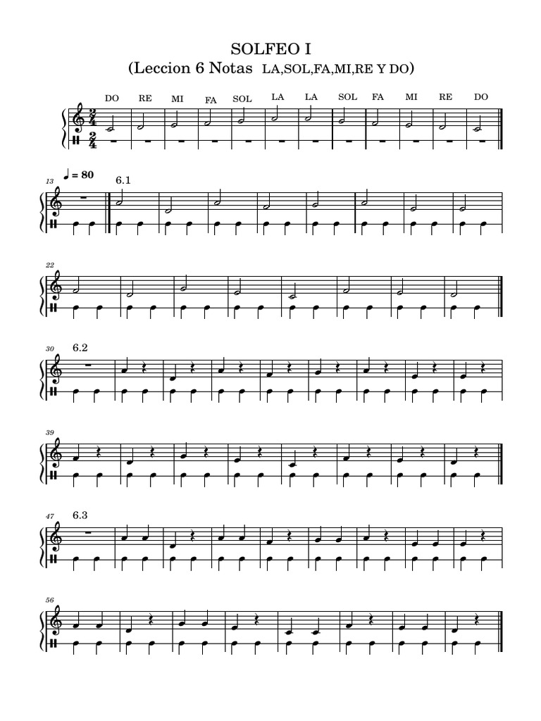 Solfeo I (Leccion 6 Notas La, Sol, Fa, Mi, Re y Do) | PDF
