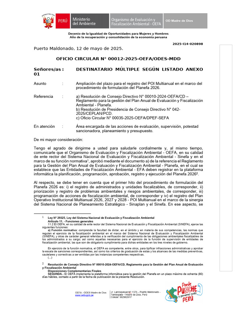 OFICIO CIRCULAR N 00012-2025-OEFA-ODES-MDD Ampliación Del Plazo para El Registro Del POI ...