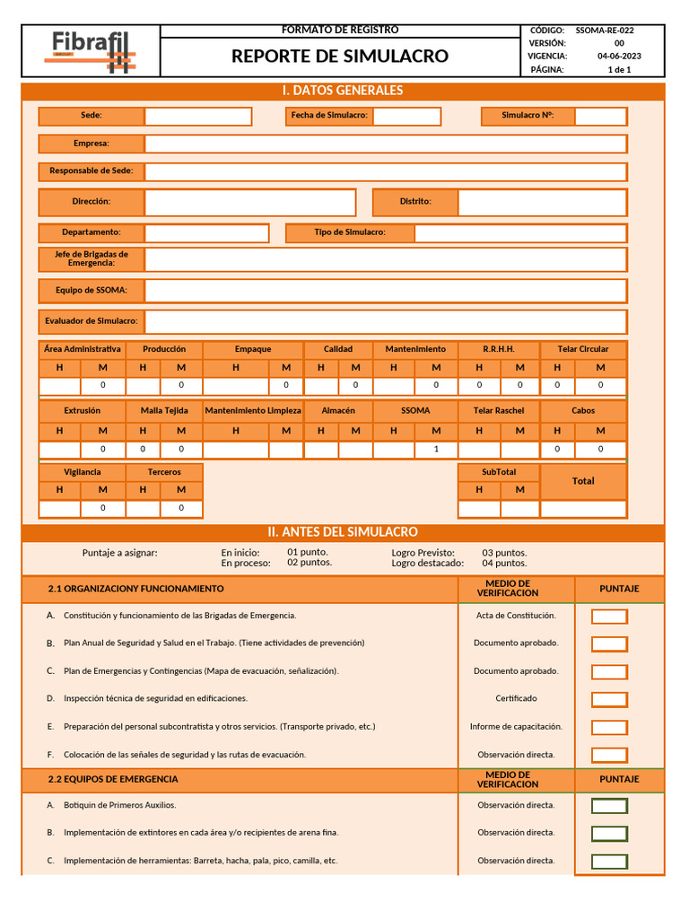 SSOMA-RE-022 Reporte de Simulacro | PDF | Seguridad Pública | Servicios de emergencia