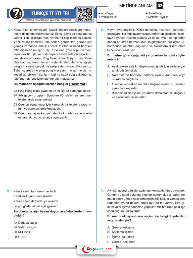Sinif Indirilebilir Testler Metinde Anlam 02 | PDF