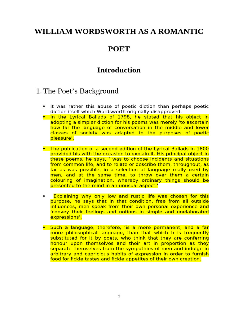 LECTURE NOTES ON WILLIAM WORDSWORTH AS A ROMANTIC POET 2 | PDF ...