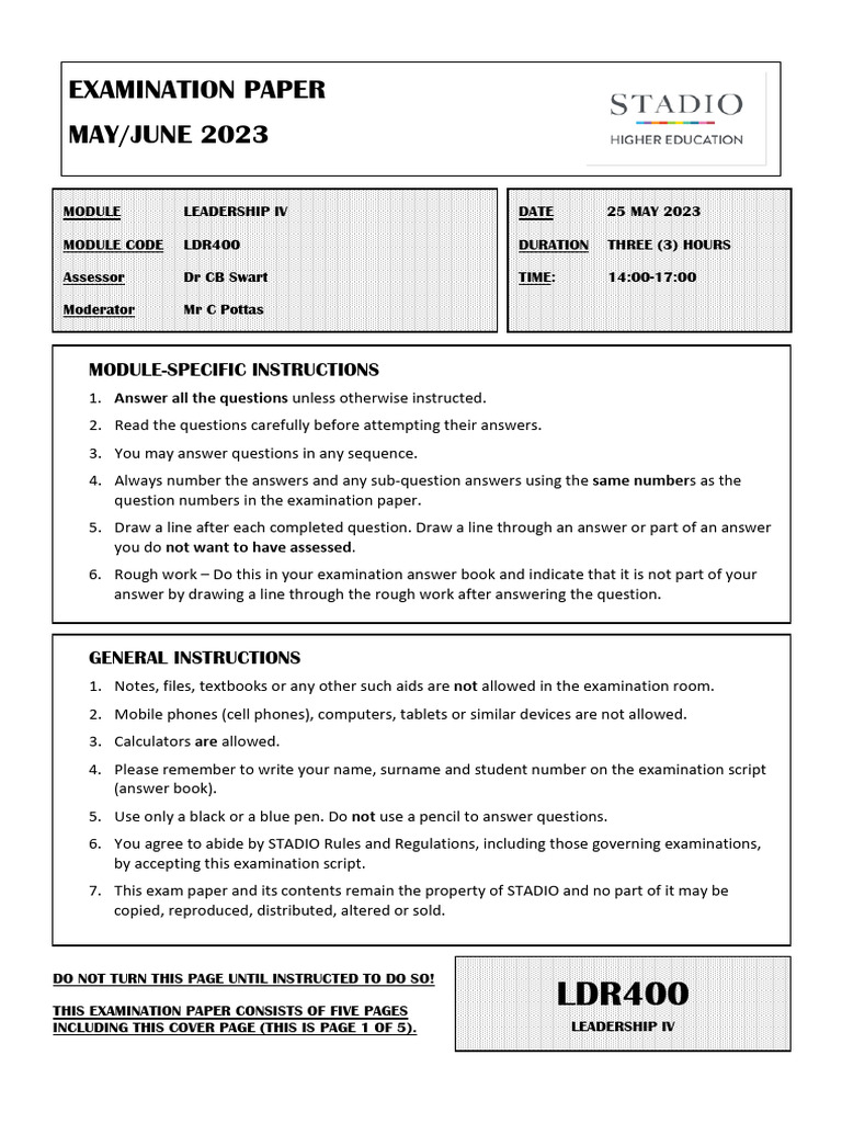 LDR400 2023 01 Exam Paper | PDF | Leadership | Social Psychology
