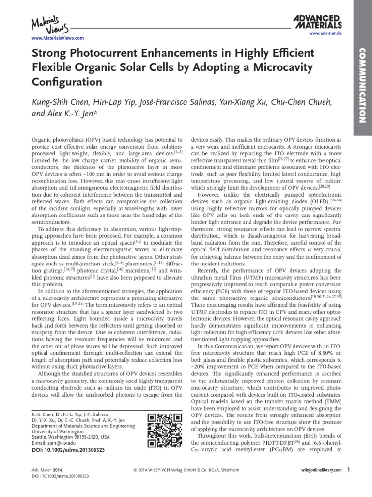 Strong Photocurrent Enhancements in Highly Efficient Flexible Organic ...