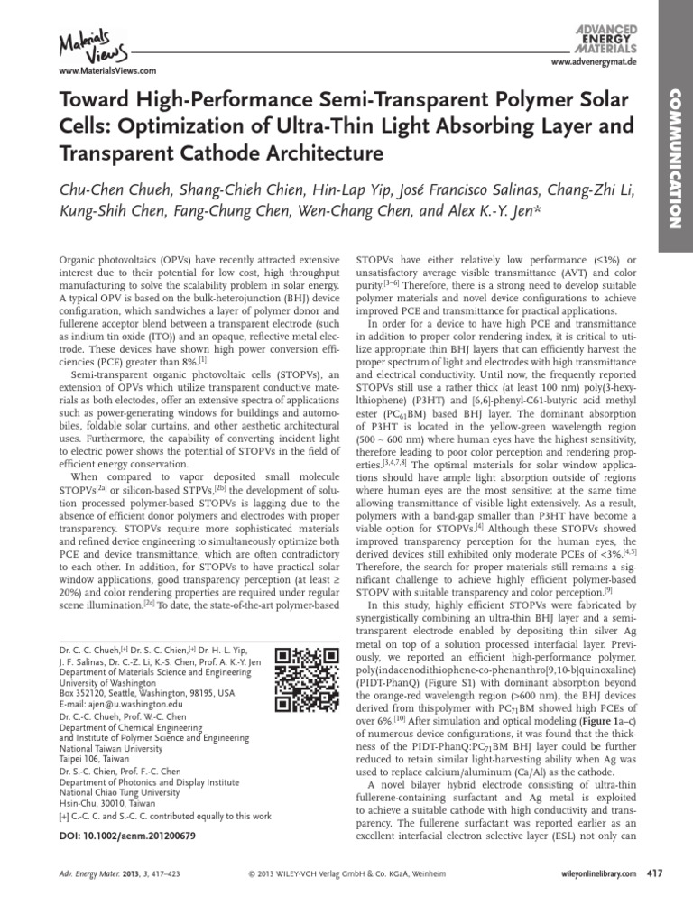 Toward High-Performance Semi-Transparent Polymer Solar Cells ...
