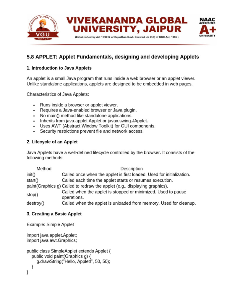 5.8 APPLET Applet Fundamentals Designing and Developing Applets | PDF ...