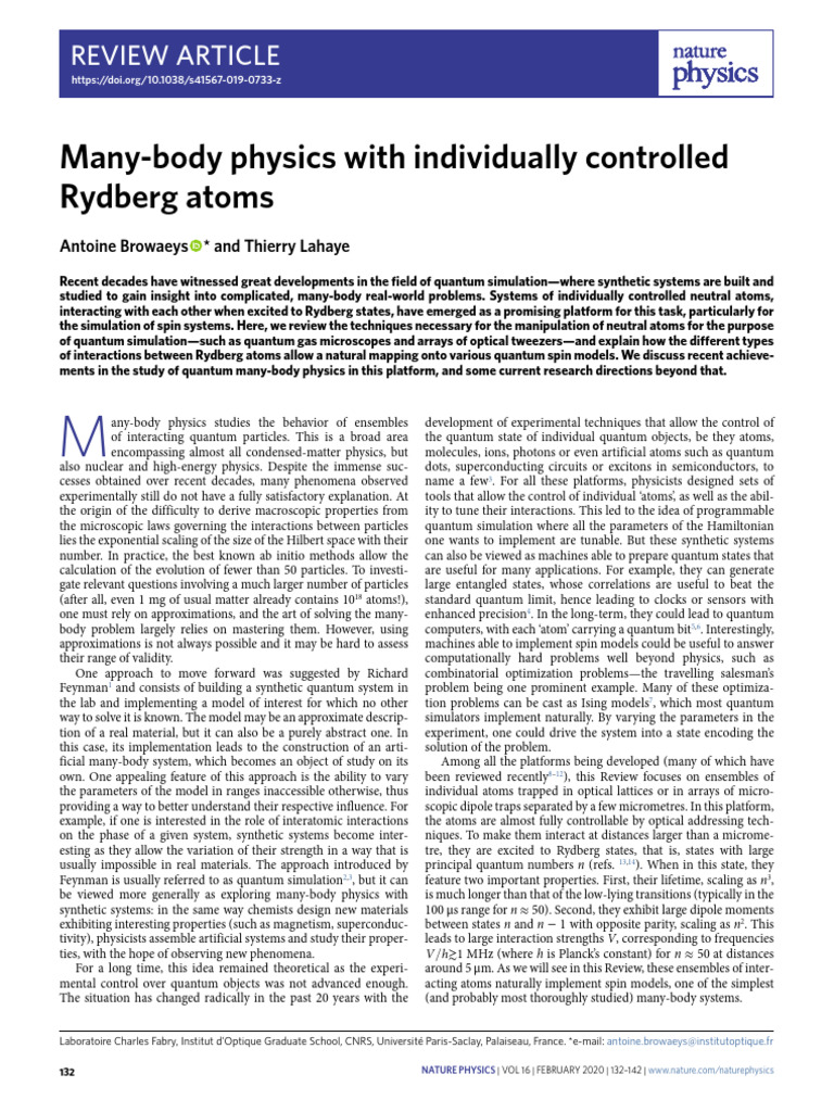 Many-Body Physics With Individually Controlled Rydberg Atoms | PDF ...
