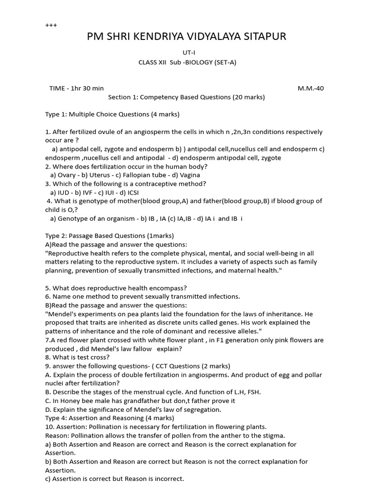 Class XII Biology UT 1 Test | PDF | Fertilisation | Flowers