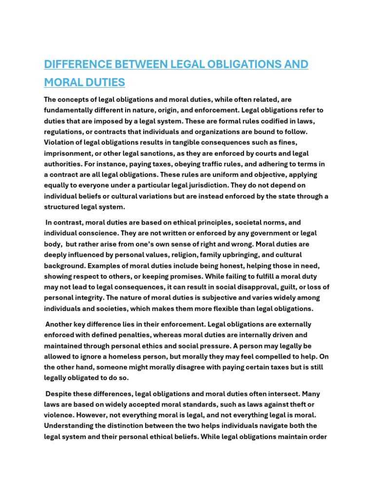 Legal Obligations vs. Moral Duties Explained | PDF | Morality | Justice