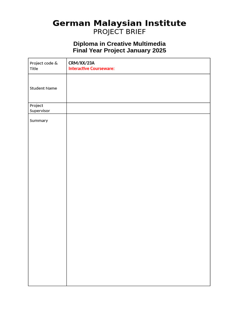 FYP Project Brief - Project Code - Format | PDF