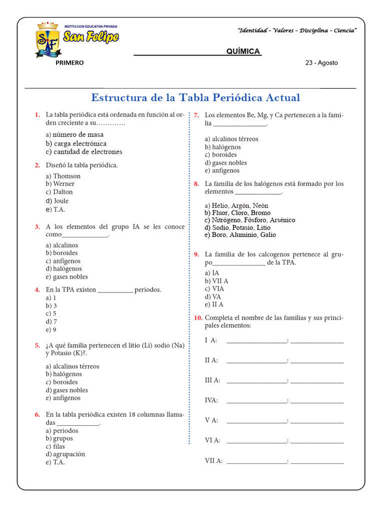 Estructura de La Tabla Periodica (1 Ero) (Semana 2) | PDF | Tabla ...