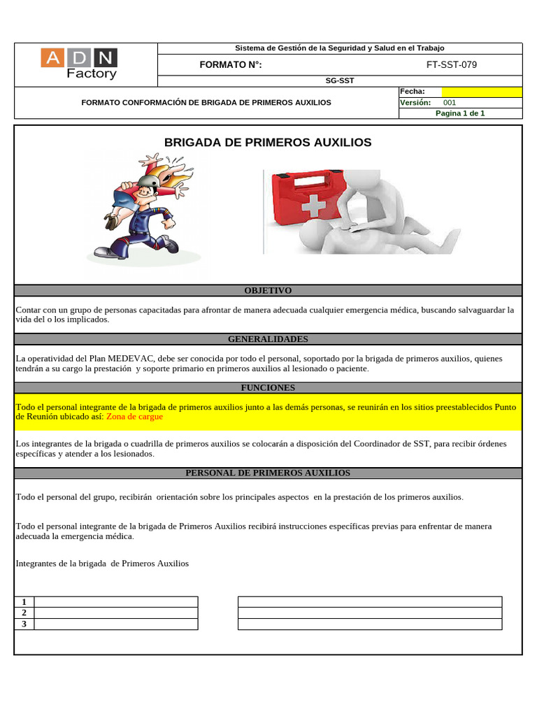 FT-SST-079 Formato Conformación de Brigada Primeros Auxilios ADN | PDF