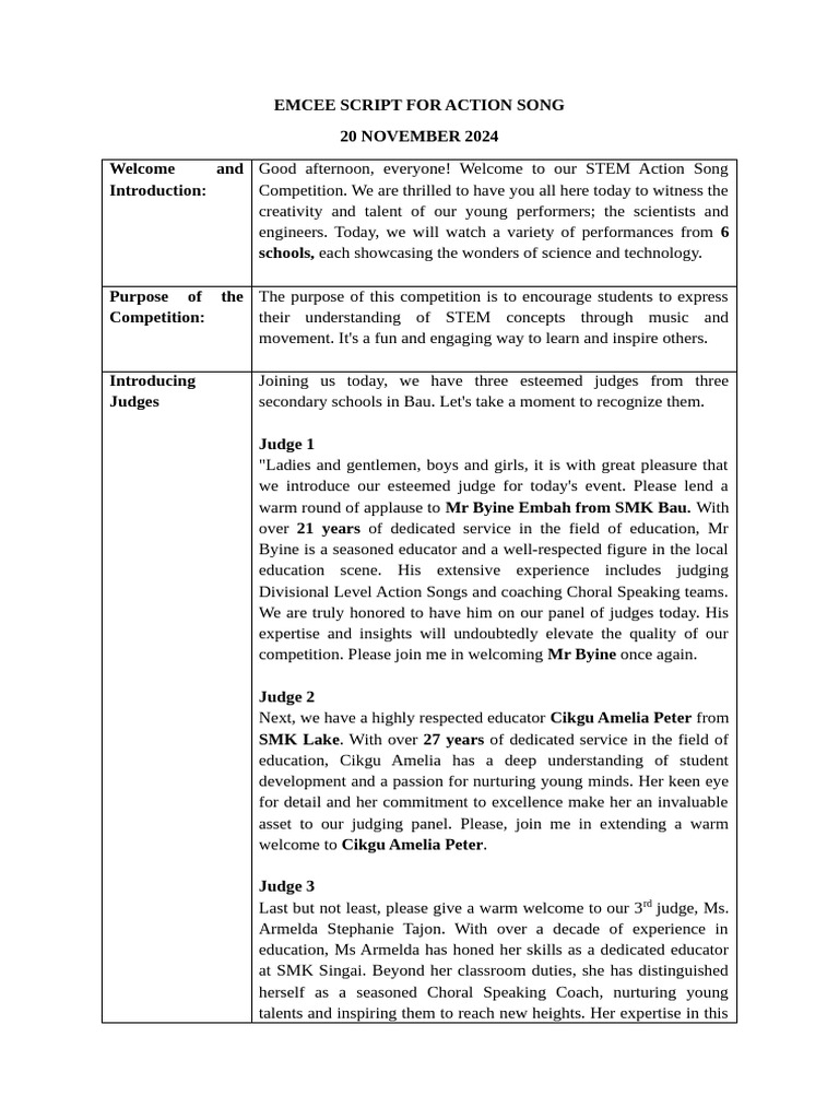 EMCEE SCRIPT FOR ACTION SONG COMPETITION (ENGLISH) | PDF