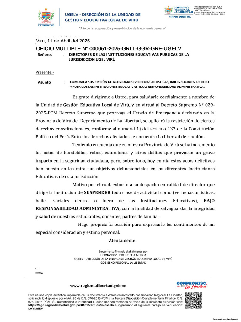 Oficio 051-2025-Grll-Gre-Ugel V | PDF