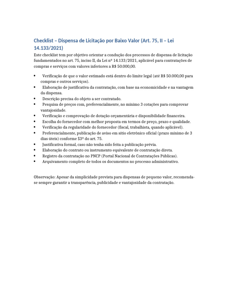 Checklist Dispensa Art75 II Baixo Valor | PDF