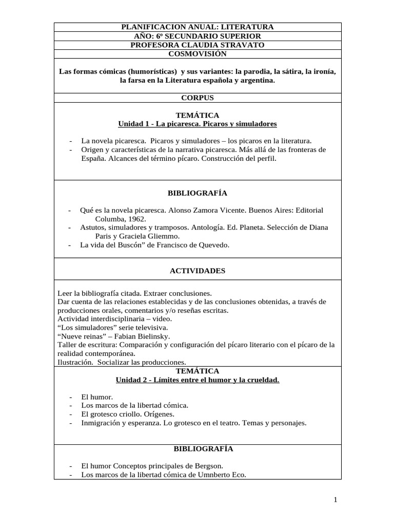 Planificacion Anual Literatura 6 Año Cie 2012 | PDF | Humor | Maestros