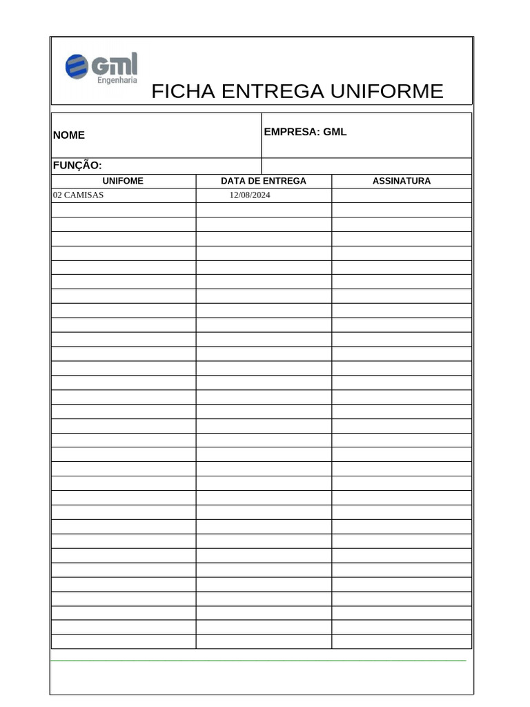 Ficha De Entrega De Uniforme Gml Pdf