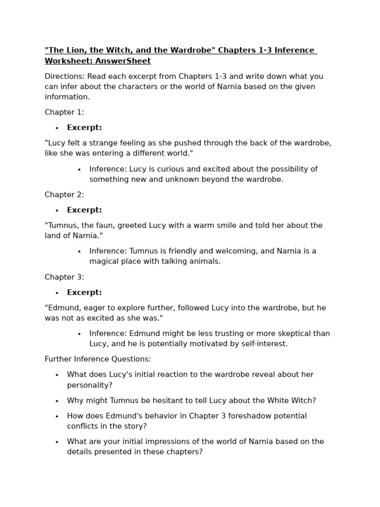 Chapters 1-3, Lion, Witch and Wardrobe Inferences | PDF | The ...