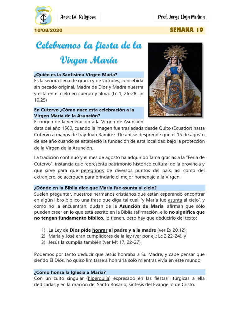 TEMA 1-AGOSTO-CELEBREMOS LA FIESTA DE LA VIRGEN MARÍA (2) | PDF | María, madre de Jesús ...