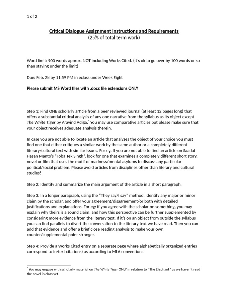 Critical Dialogue Assignment Instructions and Requirements | PDF | Citation