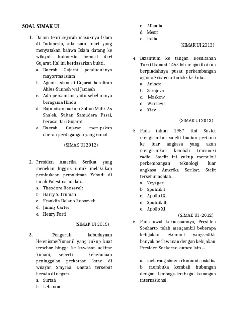 Soal Sejarah SIMAK UI Terbaru 2023 | PDF