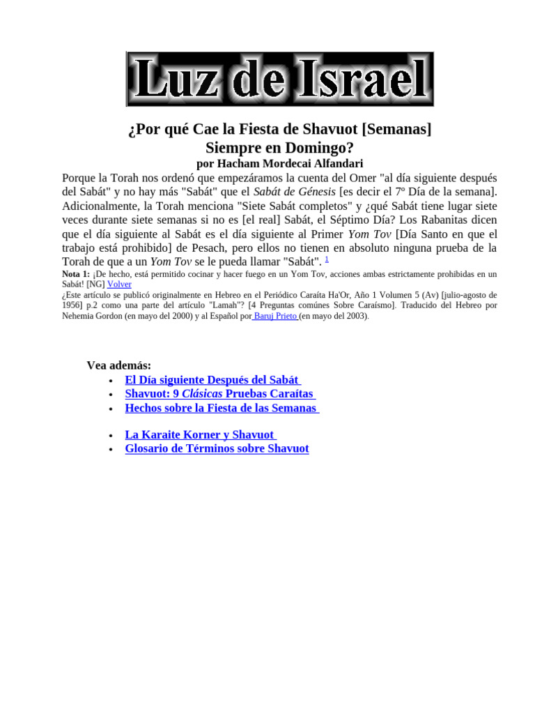 Shavuot: ¿Por qué siempre en Domingo? | PDF