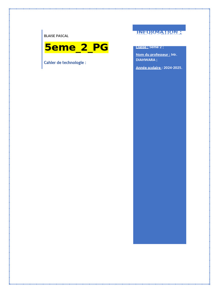Cahier de technologie 5ème 2 - OGOMBE | PDF