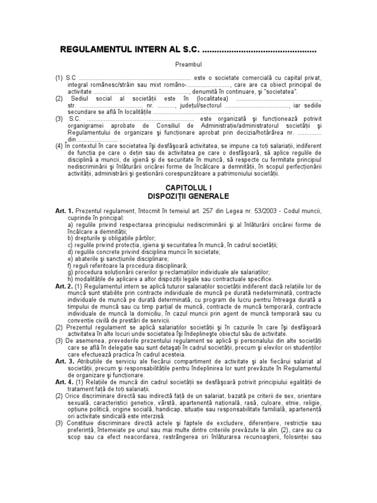 Regulament Intern Societate - Model | PDF