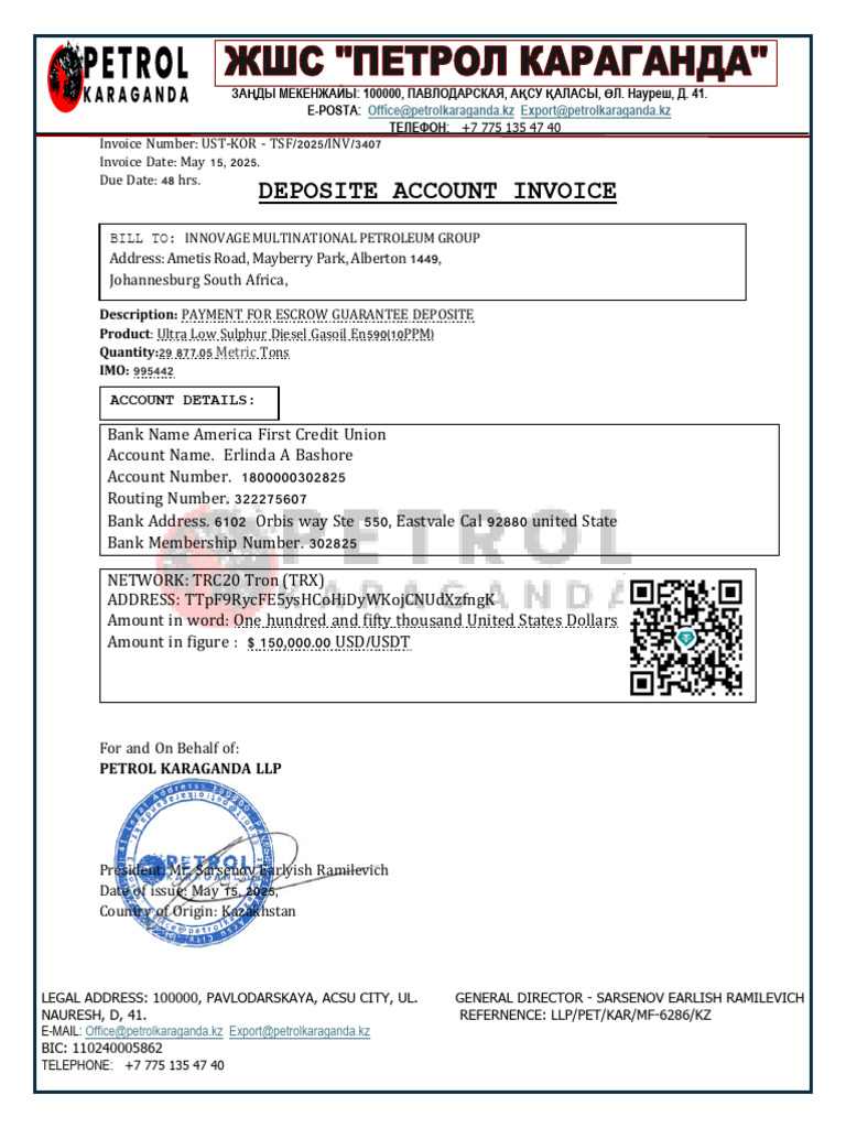 Petrol Karaganda LLP Invoice | PDF
