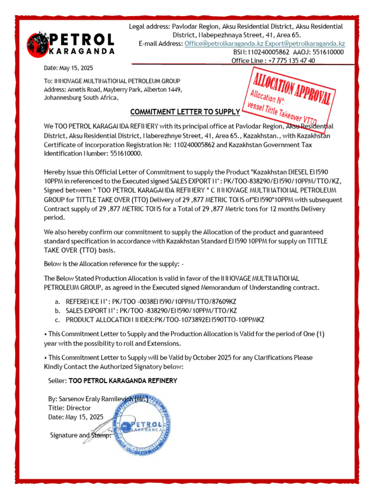 Commitment Letter To Supply | PDF | Petroleum
