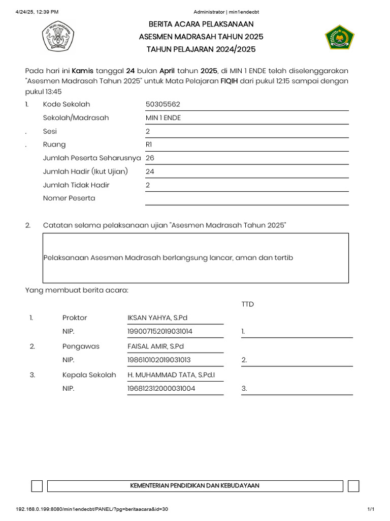 Asesmen Madrasah 2025 di MIN 1 Ende | PDF