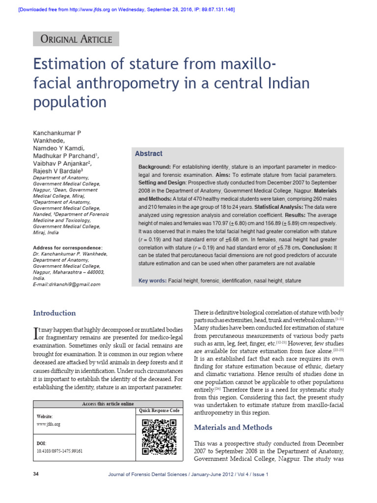 Estimating Stature via Facial Metrics | PDF | Anthropometry | Statistics