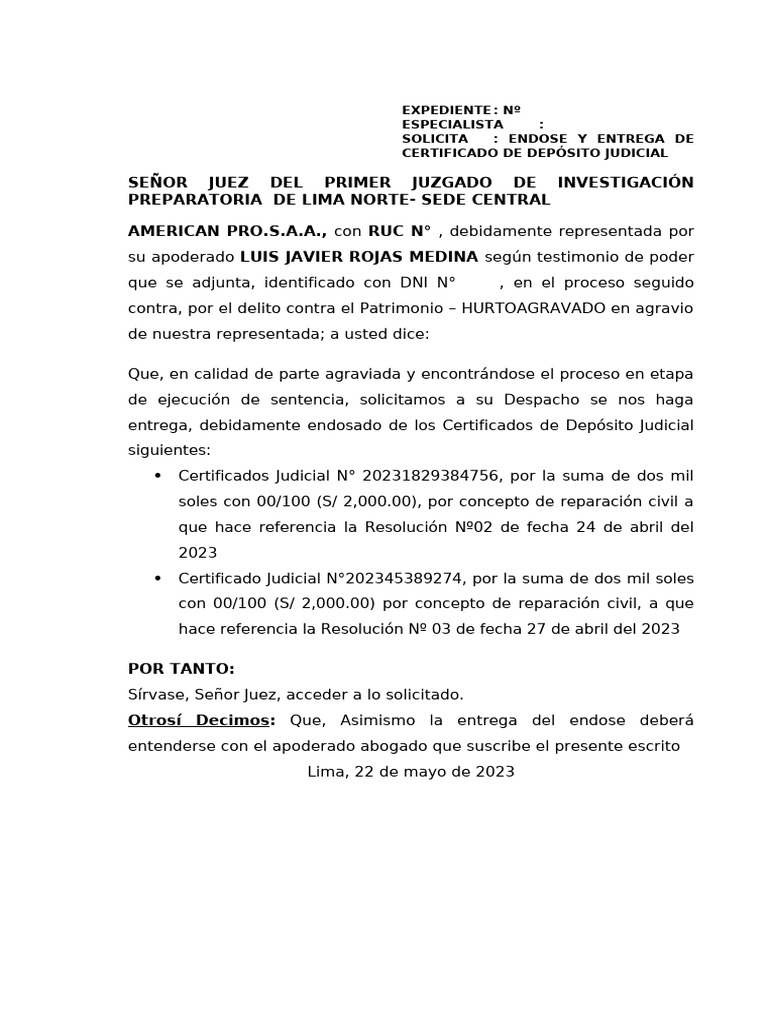 Solicito Endose de Deposito Judicial Modelo | PDF