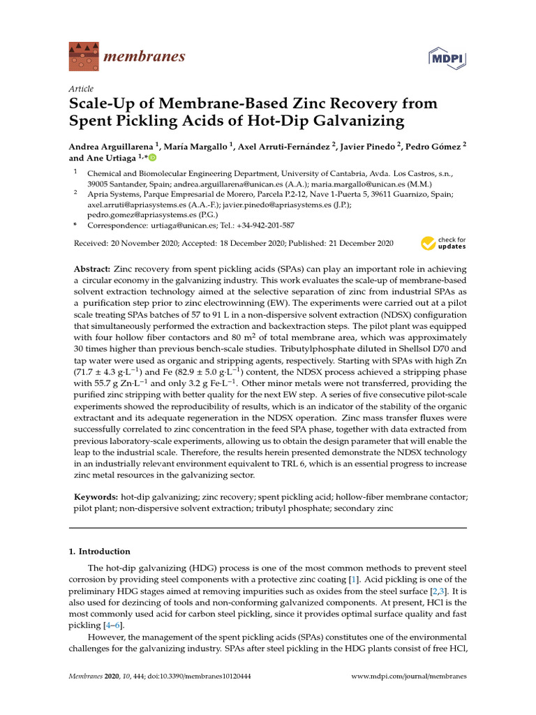 Scaleup of Membranebased Zinc Recovery From Spent Pickling Acids of ...