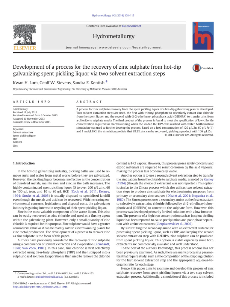 Zinc Sulphate Recovery from Pickling Liquor | PDF | Acid | Ph