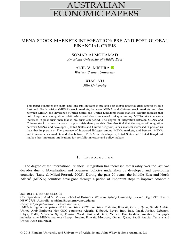 Mena Stock Markets Integration: Pre and Post Global Financial Crisis | PDF | Gulf Cooperation ...