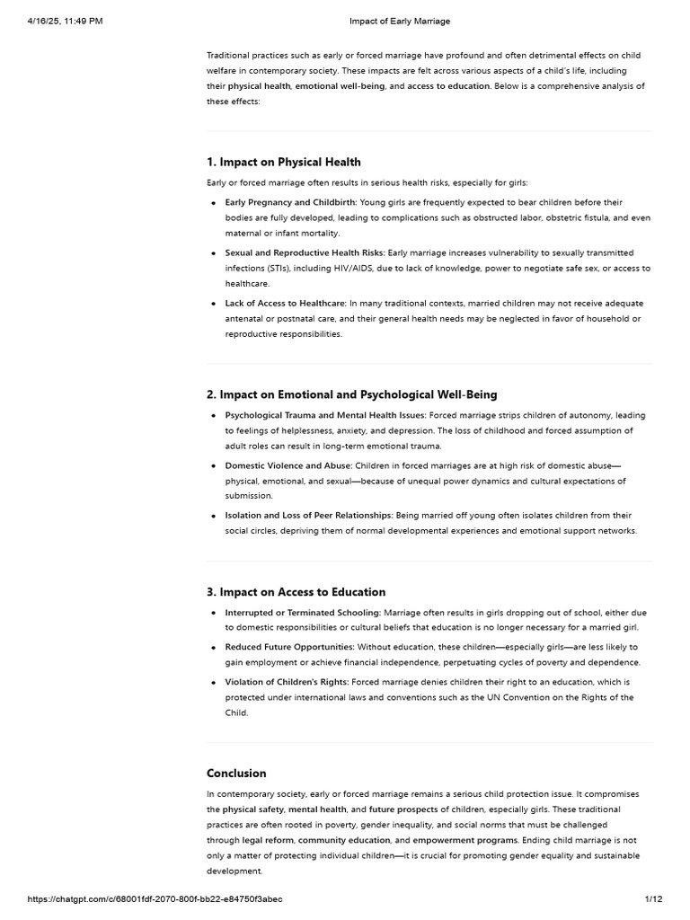 Impact of Early Marriage | PDF | Child Abuse | Child Marriage
