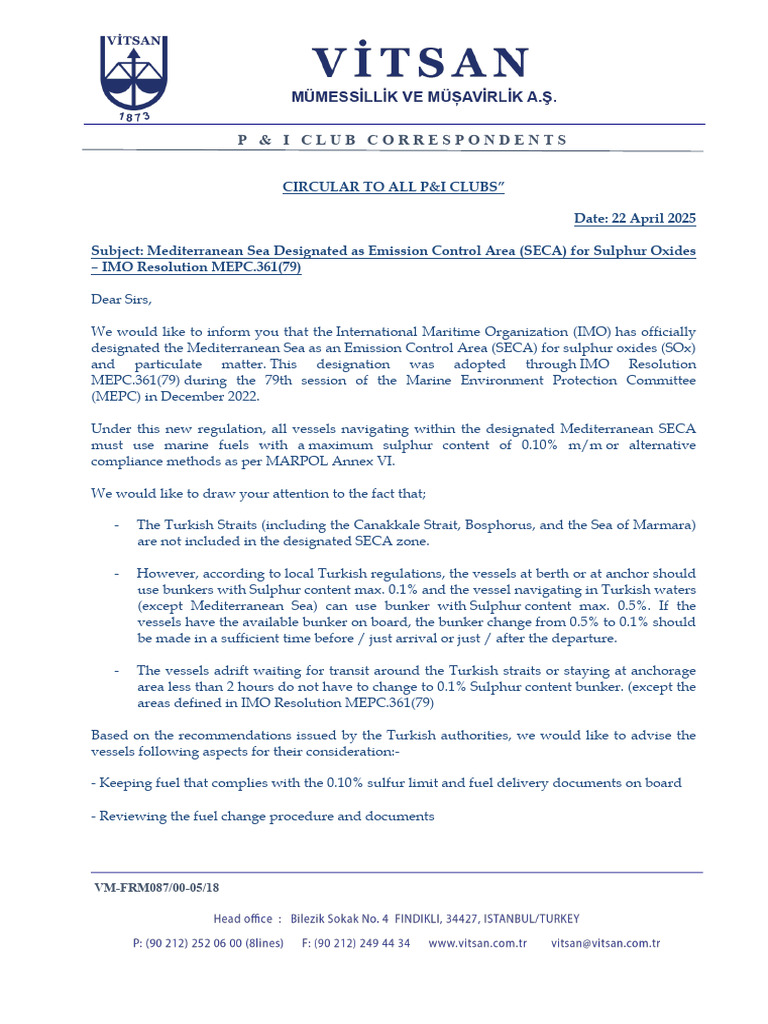 VITSAN Circular Mediterranean Sea Sulphur Regulation 22 04 2025 | PDF ...