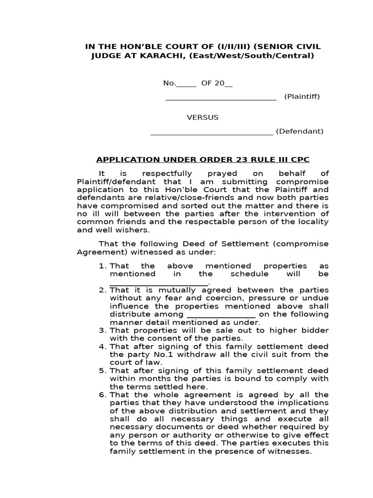 APPLICATION UNDER ORDER 23 RULE III CPC Compromise in Civil Cases 1 ...