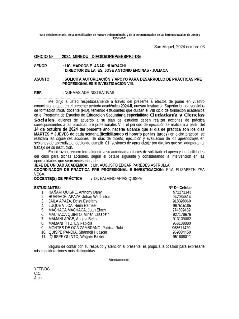 01.Oficio de Practica - Jae | PDF | Aprendizaje