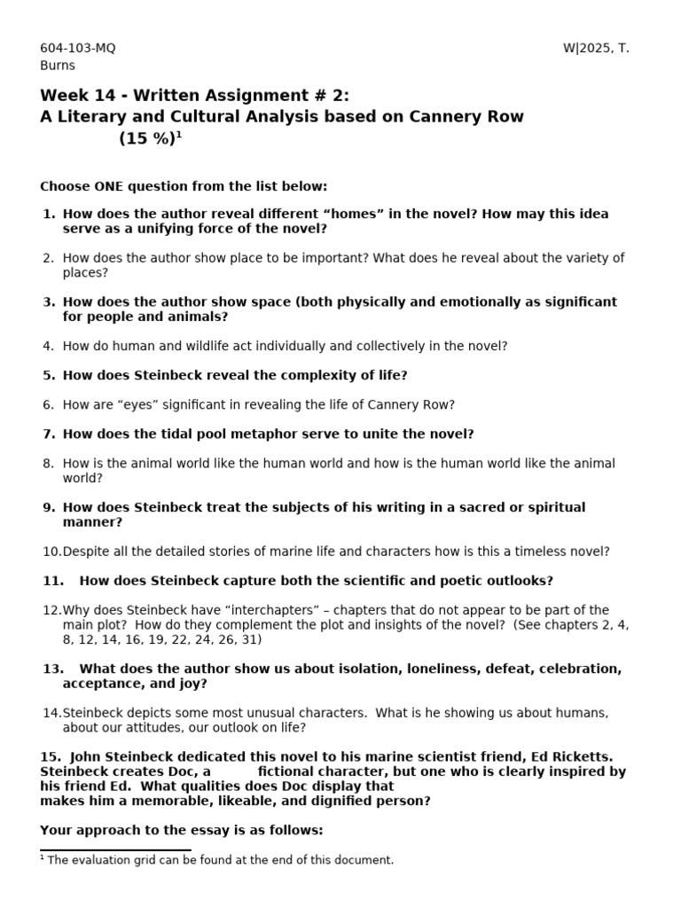 Written Assignment 2 Literary and Cultural Analysis Cannery Row | PDF ...