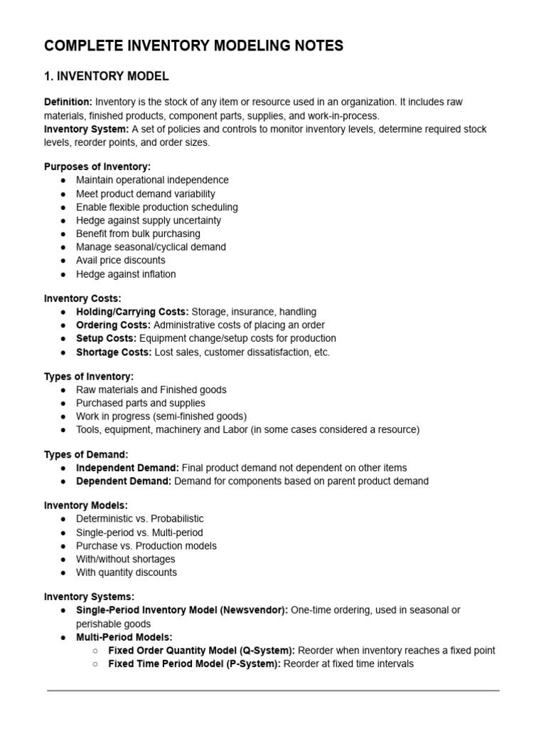 Complete Inventory Modeling Notes | PDF | Inventory | Lean Manufacturing