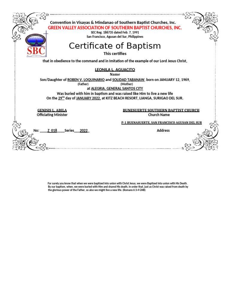 Baptismal Certificate | PDF