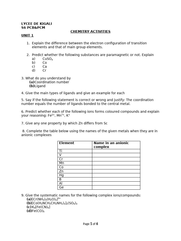 2024-2025-Che-Exercise - (Unit 1-4) - S6 | PDF | Oxide | Fertilizer